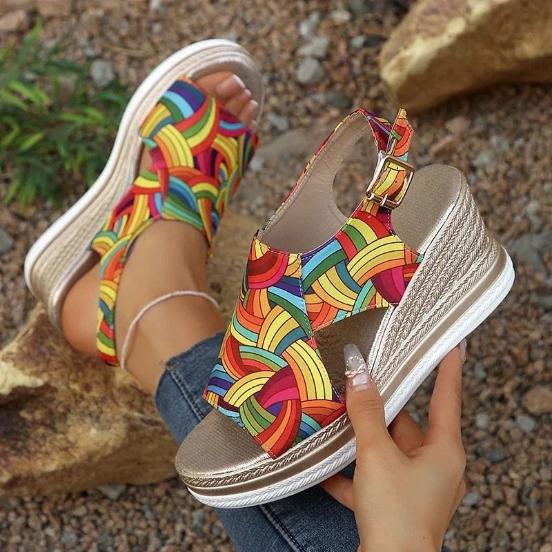 Rainbow Graffiti Wedge Heels Sandals for Women Summer Peep T | Inspire ...