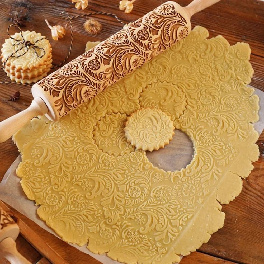 European Retro Flower Embossed Wooden Rolling Pin 13.78 Inch | Inspire ...