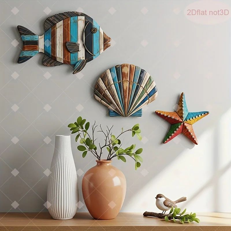 Coastal Wooden Ocean Decor Set Fish Shell Starfish Beach The | Inspire ...