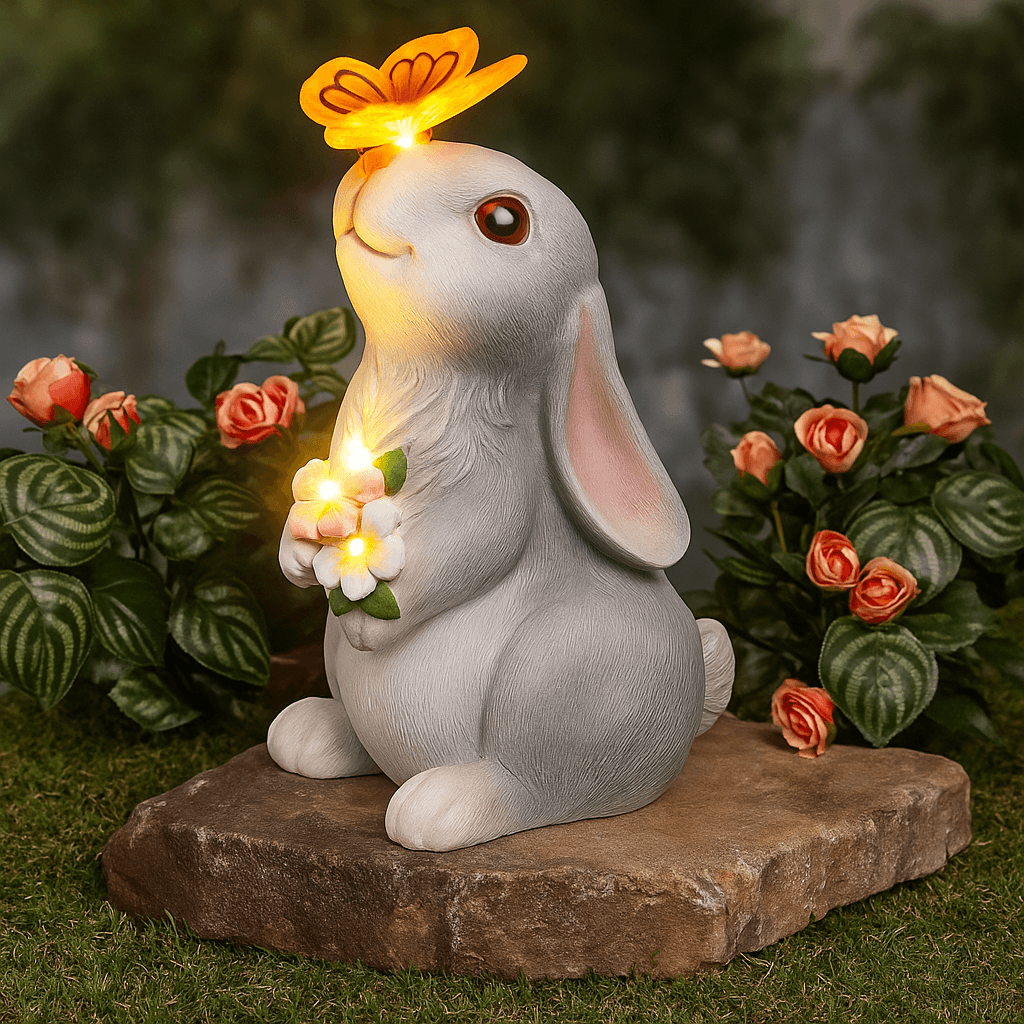 Solar Bunny Garden Statue with LED Butterfly Light – Resin R | Inspire ...