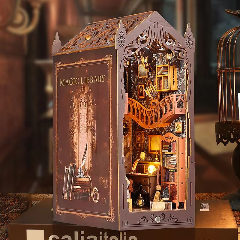 DIY Book Nook Kit Wooden Dollhouse Building Set LED Bookshel | Inspire ...