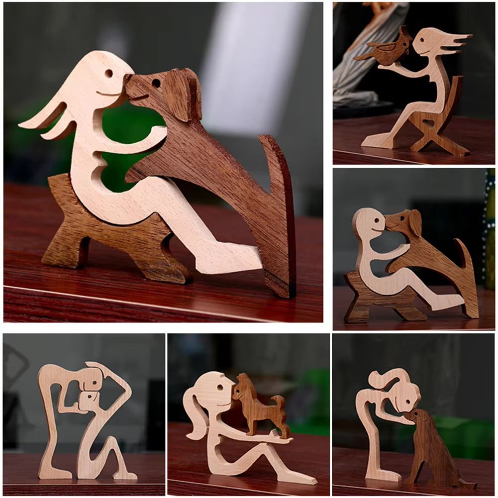 Family Puppy Wood Dog Craft Figurine Desk Ornament | Inspire Uplift