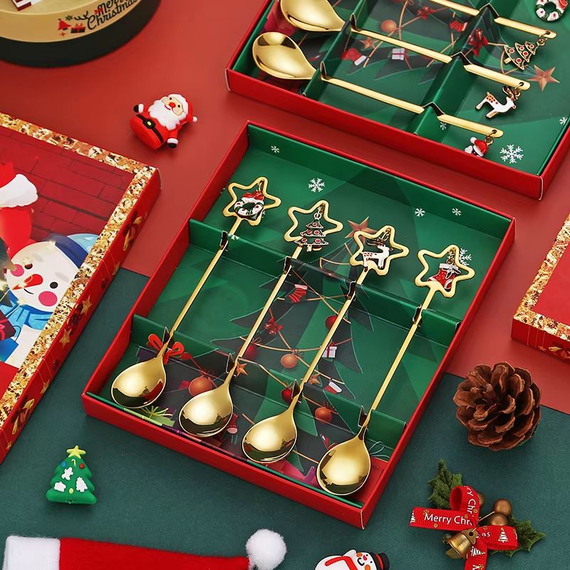 4PCS Christmas Coffee Spoon Set Gold Stainless Steel Festive | Inspire ...