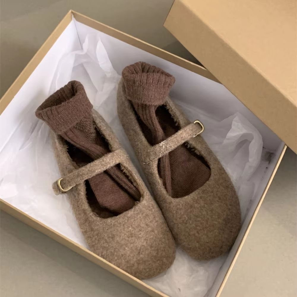 Cozy Square Toe Fleece Ballet Flats with Mary Jane Strap for | Inspire ...