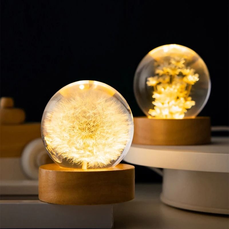 3D Dandelion Crystal Ball with Wood Stand Luminous Flower Sp | Inspire ...