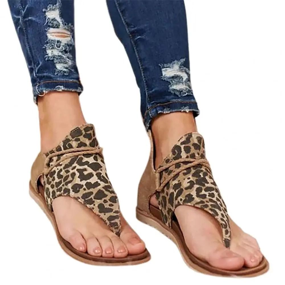 Back zipper open toe beach sandals leopard patchwork flats f | Inspire ...