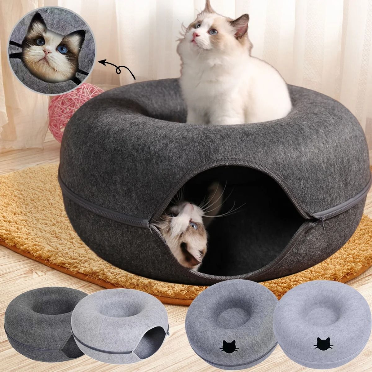 Felt Donut Pet Bed with Tunnel 2 in 1 Hideout Cat House | Inspire Uplift