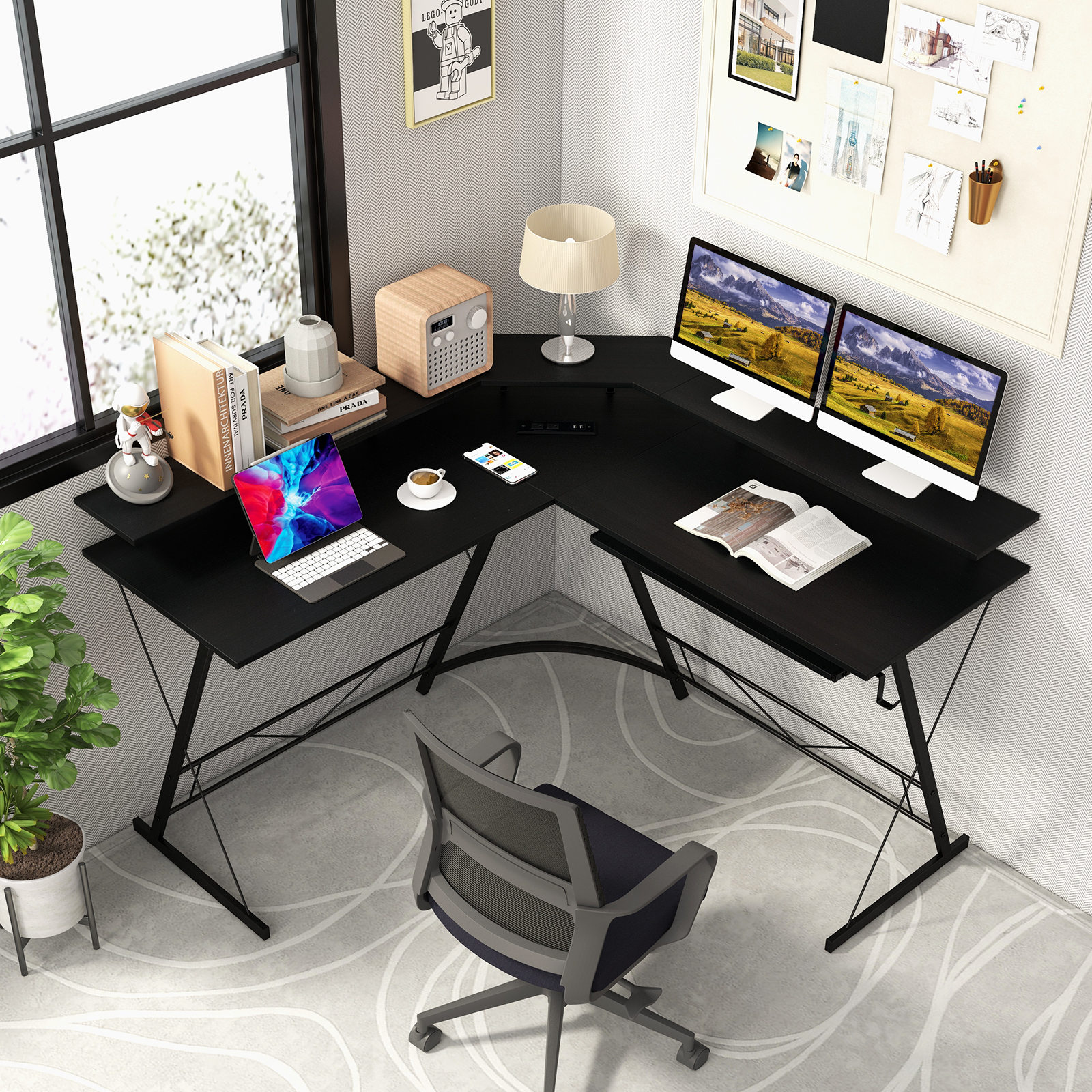 L-Shaped Computer Desk with Outlet & Monitor Stand | Inspire Uplift