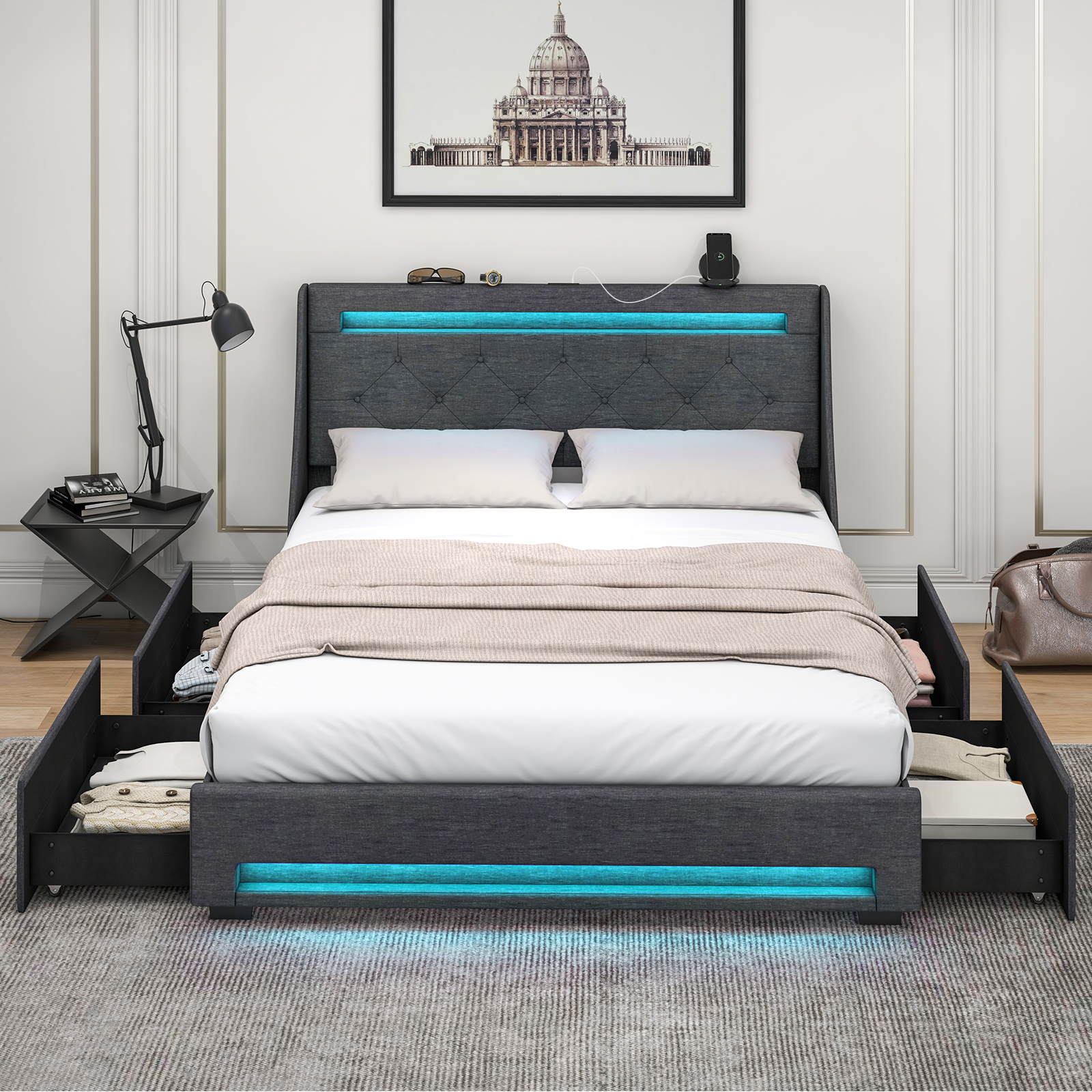 Queen Upholstered Bed Frame w/ LED Lights & Charging Station | Inspire ...