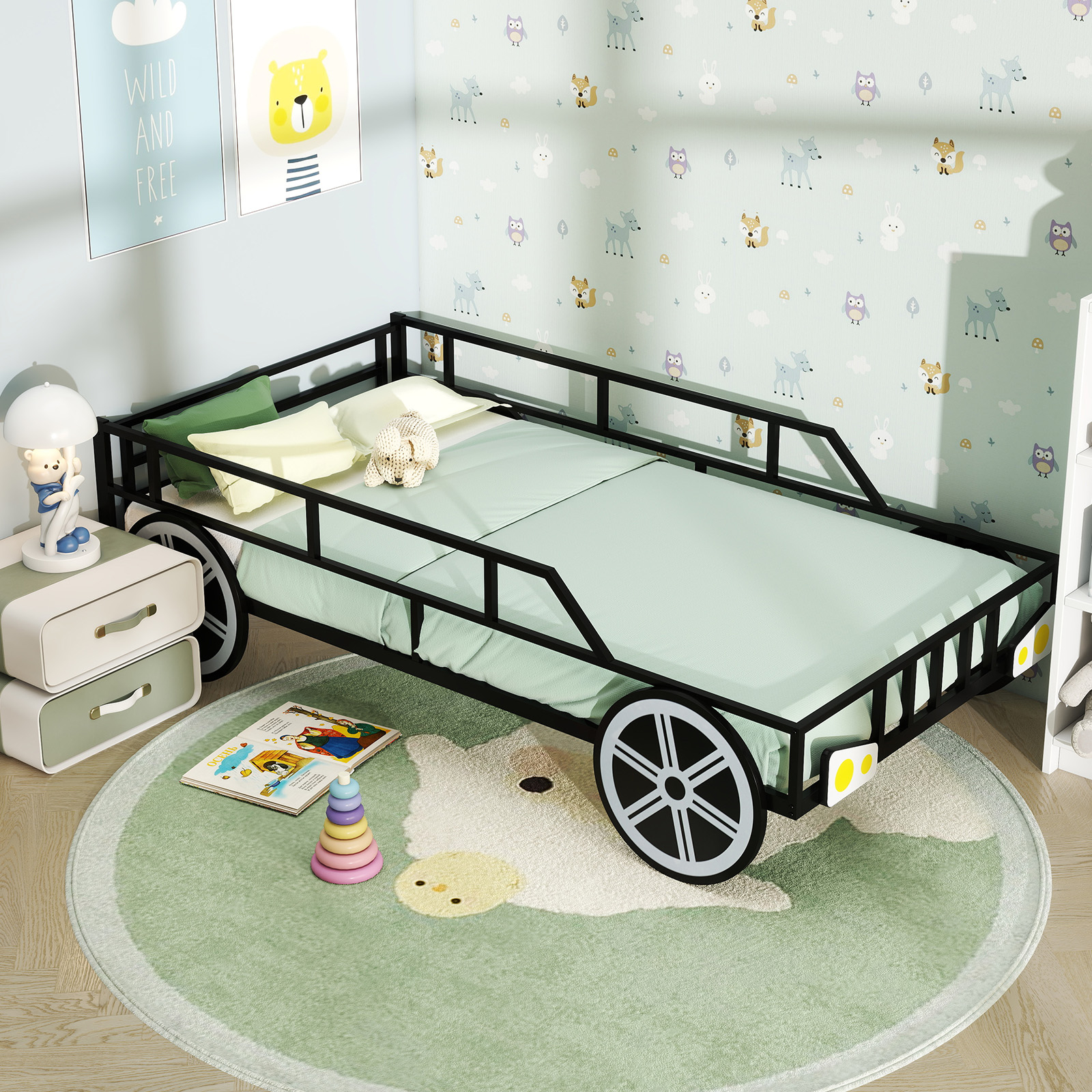 Twin Car Bed Frame for Kids, Safe Metal Design w/ Guardrails | Inspire ...