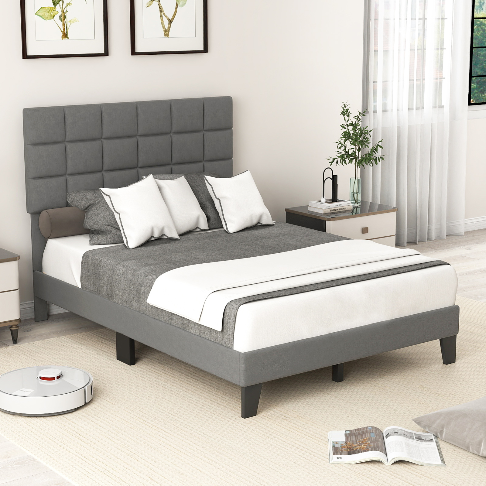 Modern Linen Bed Frame w/ Adjustable Headboard – Gray | Inspire Uplift