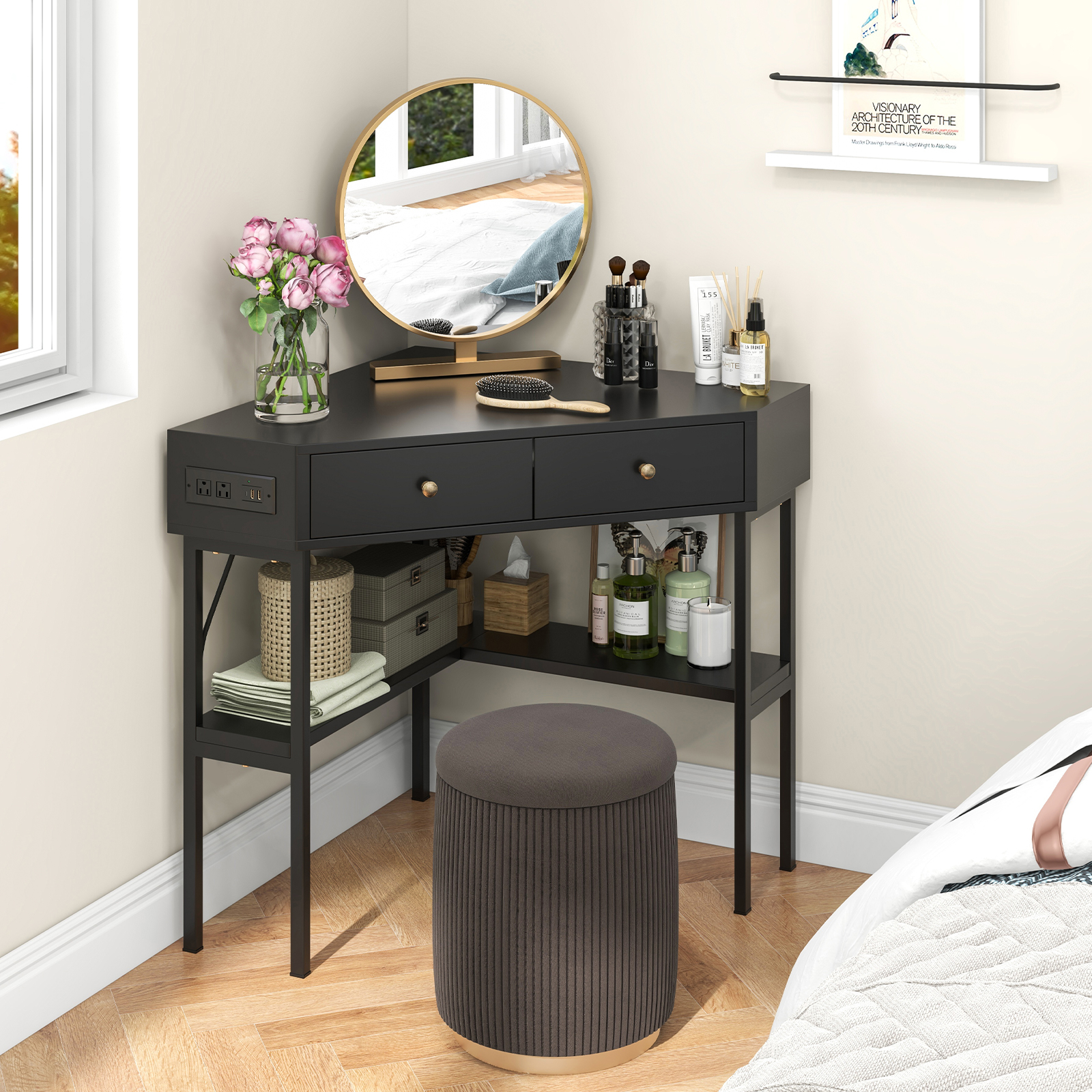 Triangle Corner Desk with Charging Station & 2 Drawers | Inspire Uplift