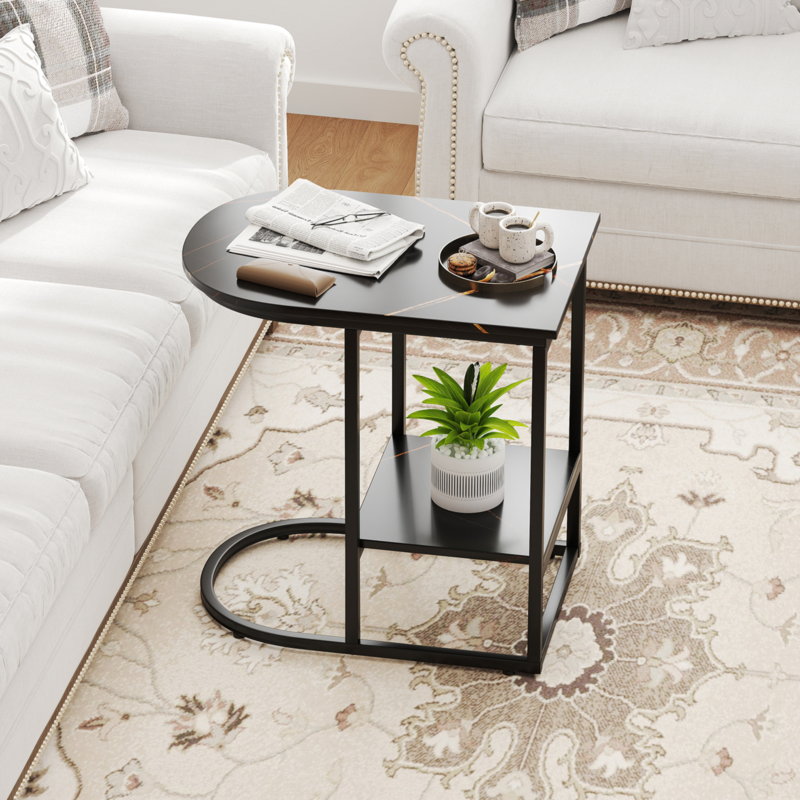 C-Shaped Sofa Side Table - Faux Marble Top & Storage Shelf | Inspire Uplift