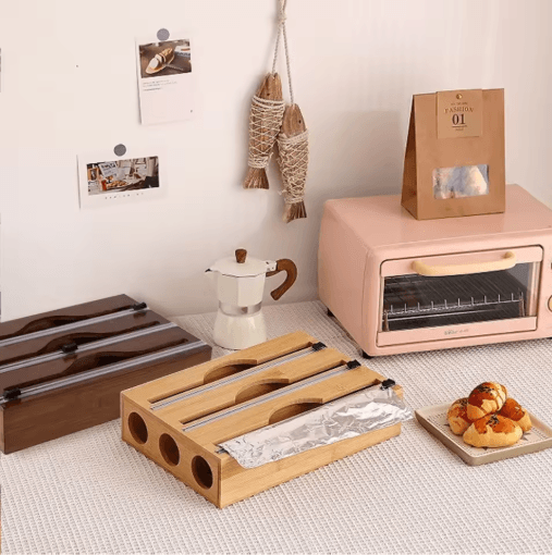 Bamboo Cling Film Tin Foil Cutter Box Kitchen Organizer with | Inspire ...