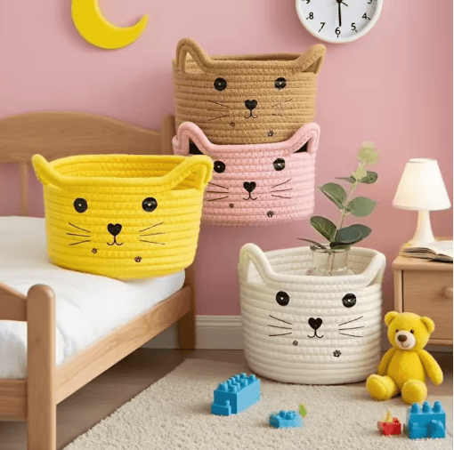 Cat Face Woven Cotton Storage Basket – Cute Home Organizer f | Inspire ...