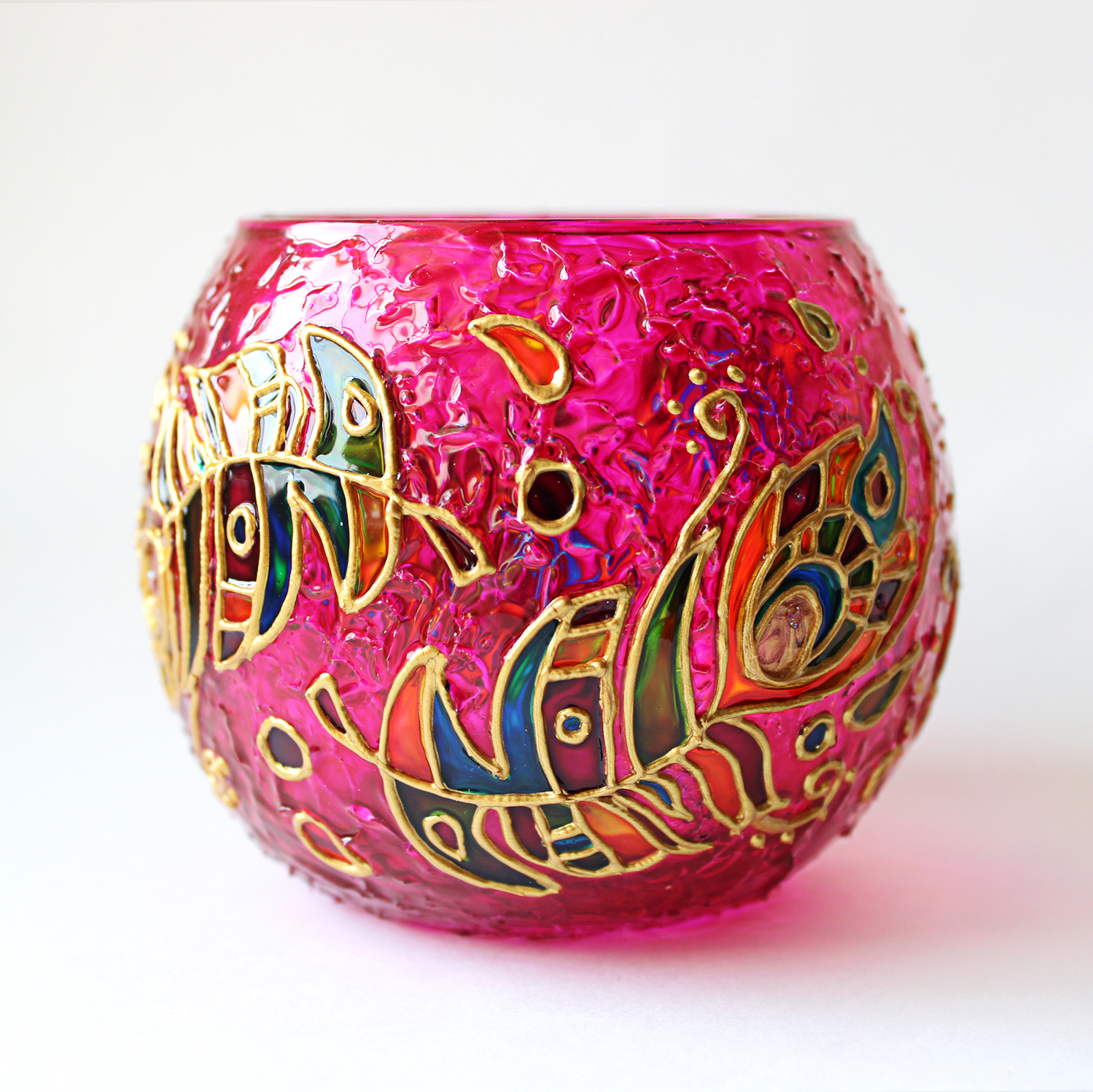 Handmade Pink Candle Holder with Colorful Feather Pattern - Inspire Uplift