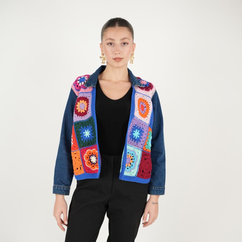 Colorful Festival Crochet Denim Jacket- Upcycled jacket | Inspire Uplift
