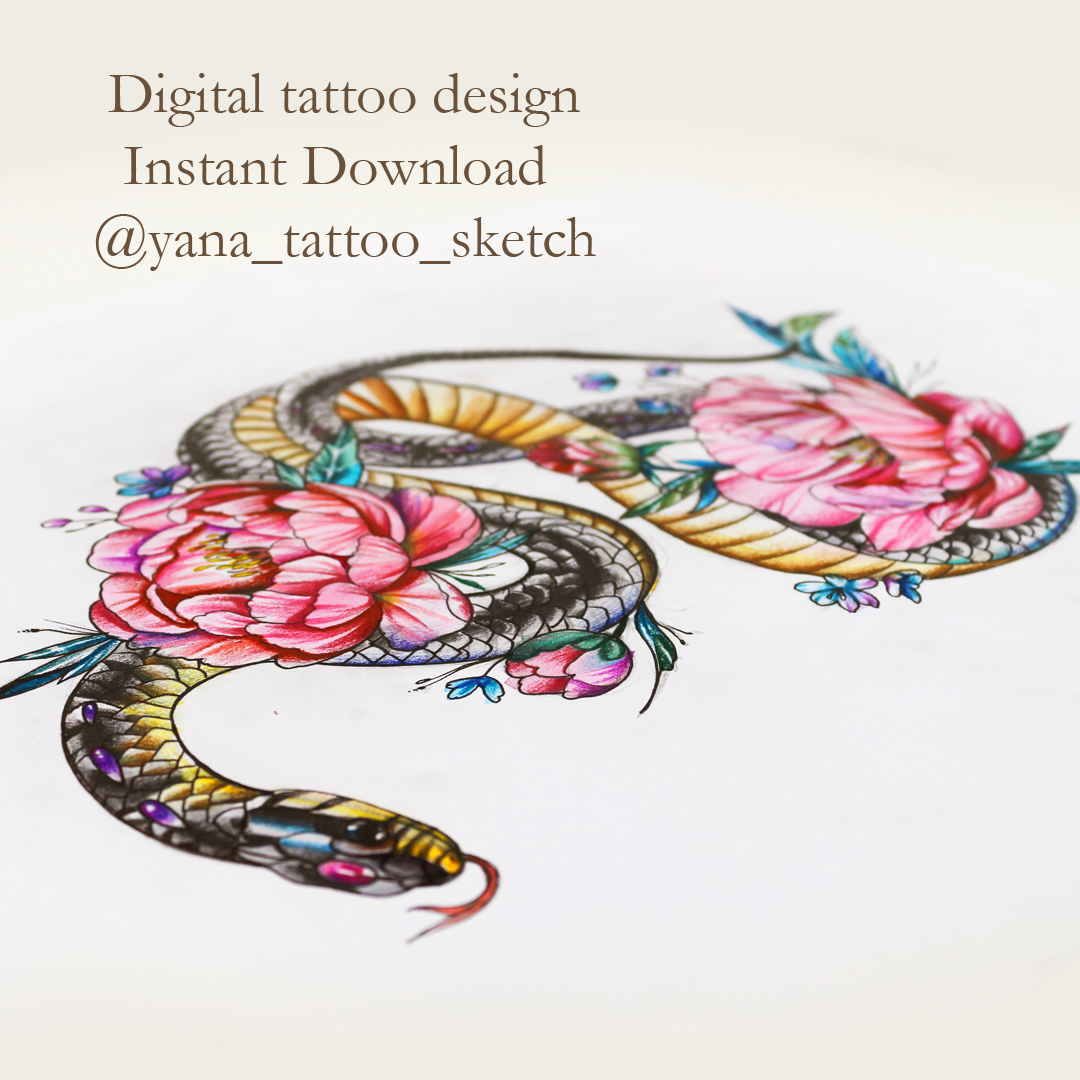 Snake Tattoo Design Color Snake And Peonies Flower Tattoo Id | Inspire ...