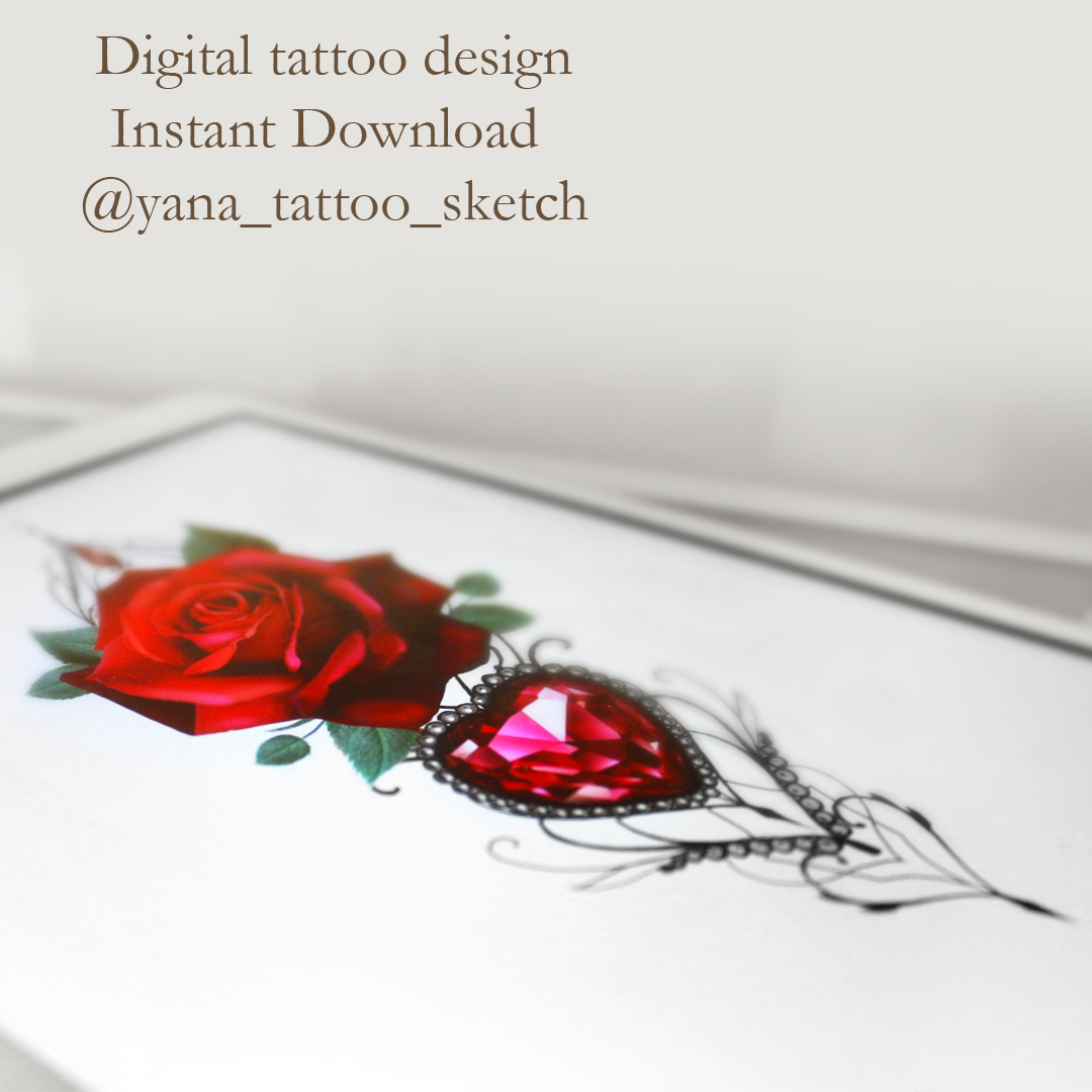 Rose Tattoo Design Red Rose Flower Tattoo Sketch Crystal Hea | Inspire ...