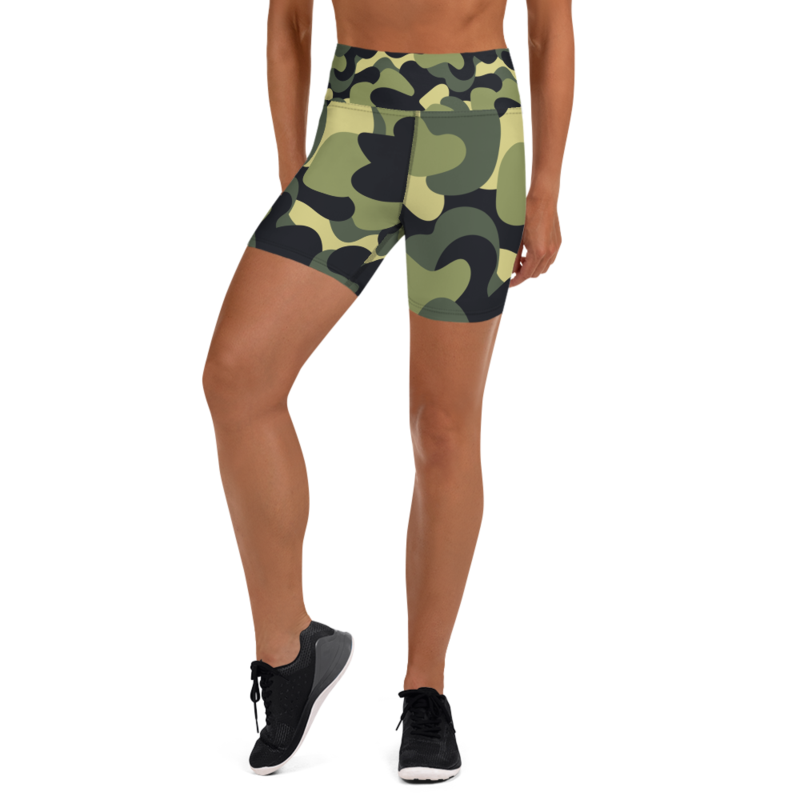 Woodland Camo Green Black Khaki Pattern Yoga Shorts | Inspire Uplift